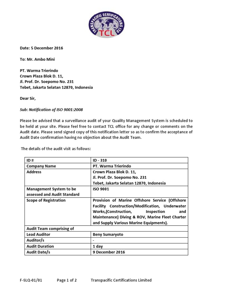 Notification of Upcoming ISO 9001:2008 Surveillance Audit for PT. Warma ...