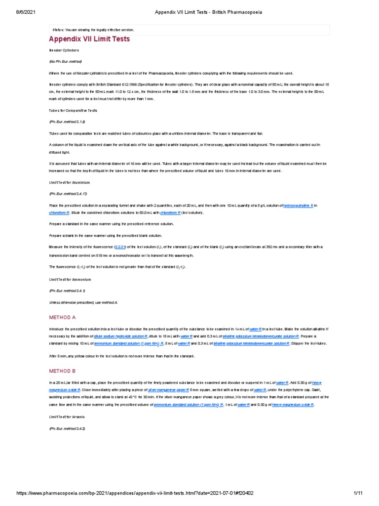 Appendix VII Limit Tests 3 - British Pharmacopoeia | Download Free PDF ...