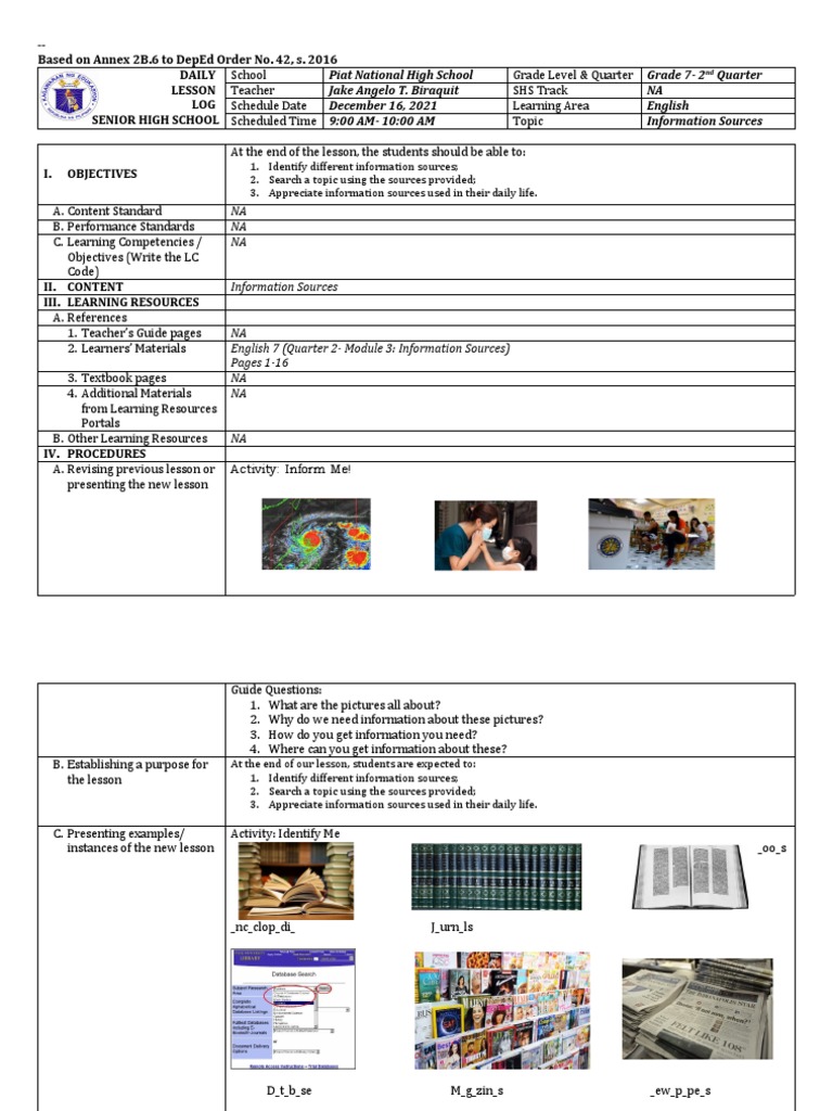 Lesson Plan - Information Sources | PDF | Libraries | Mass Media