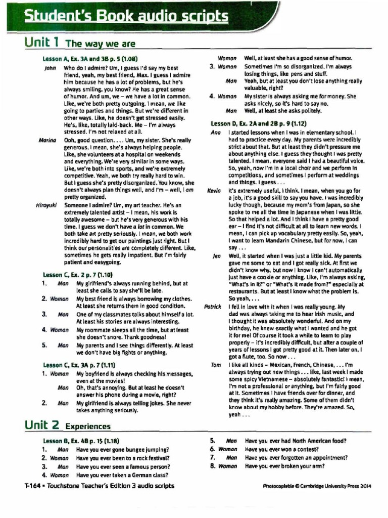 Touchstone 3 (2nd) - Audio Scripts Answer Key | PDF