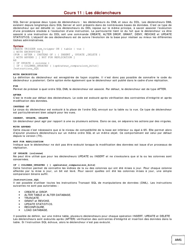 Cours11 Declencheurs-Déverrouillé | PDF | SQL | Microsoft SQL Server
