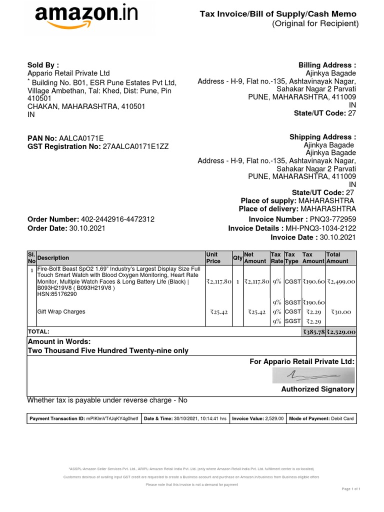 Tax Invoice/Bill of Supply/Cash Memo: (Original For Recipient) | PDF ...
