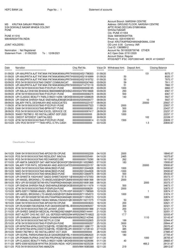 HDFC Bank Account Statement | PDF | Banking