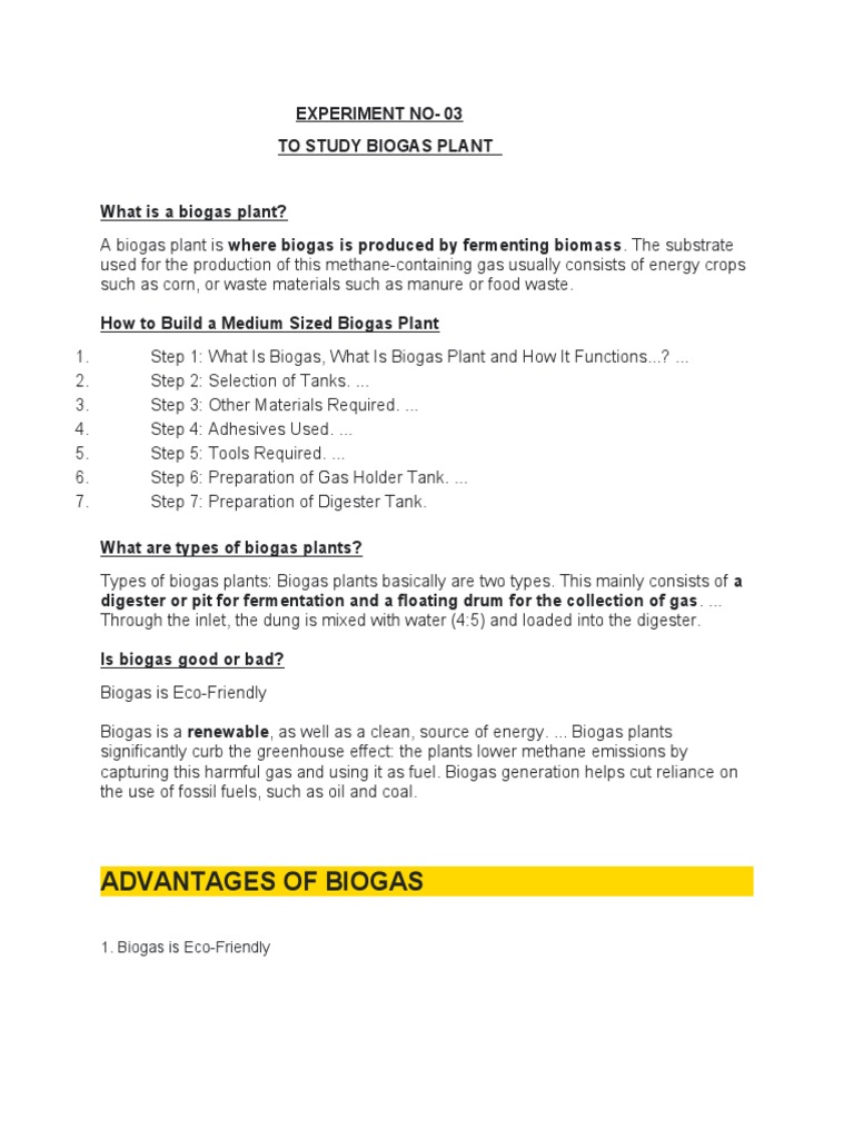 Experiment No-3 To Study Biogas Plant | PDF | Biogas | Anaerobic Digestion