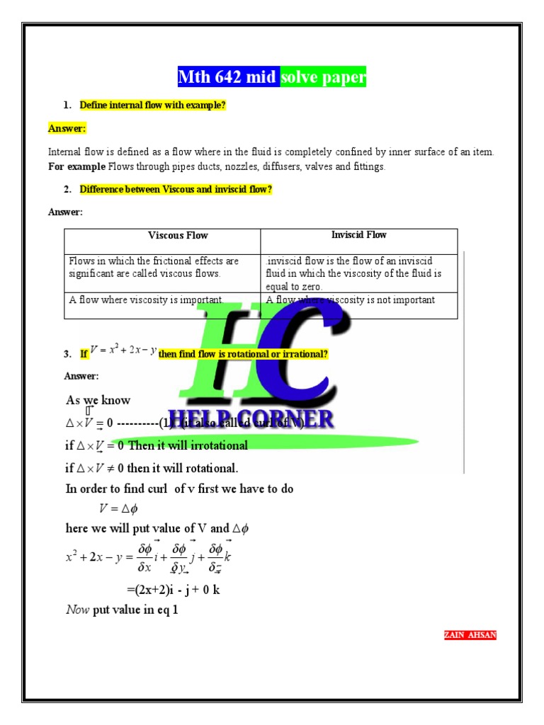 MTH 642 Mid Solve Paper: Answer | PDF | Fluid Dynamics | Viscosity