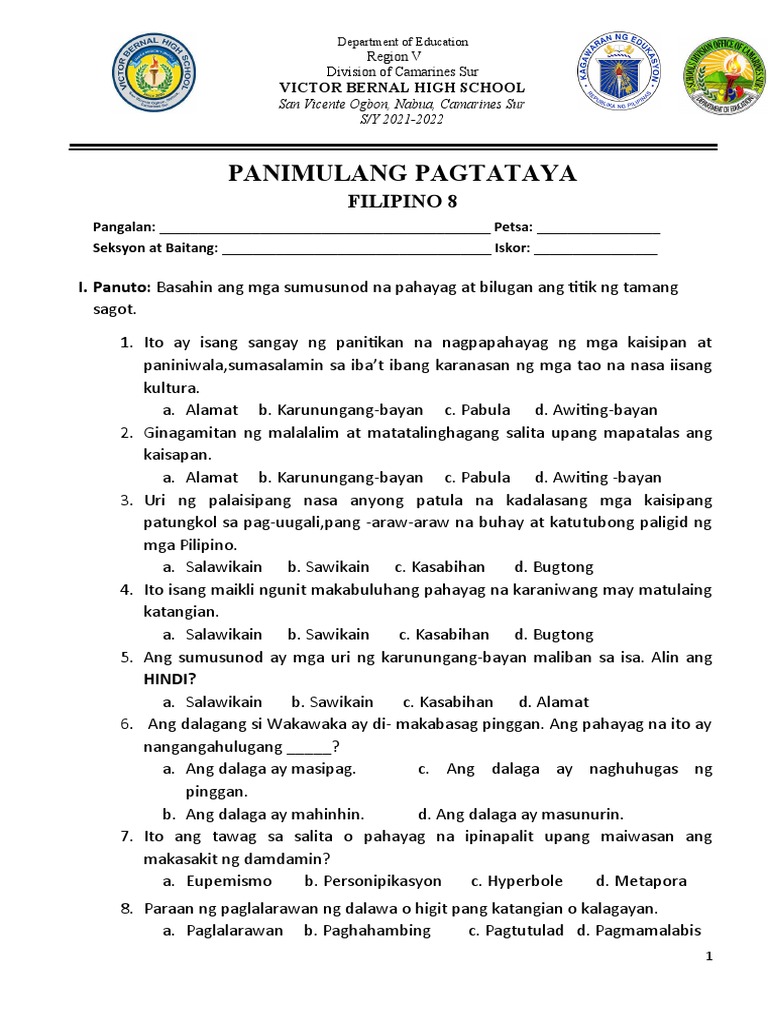 PRE-test Filipino 8 (2021-2022) | PDF
