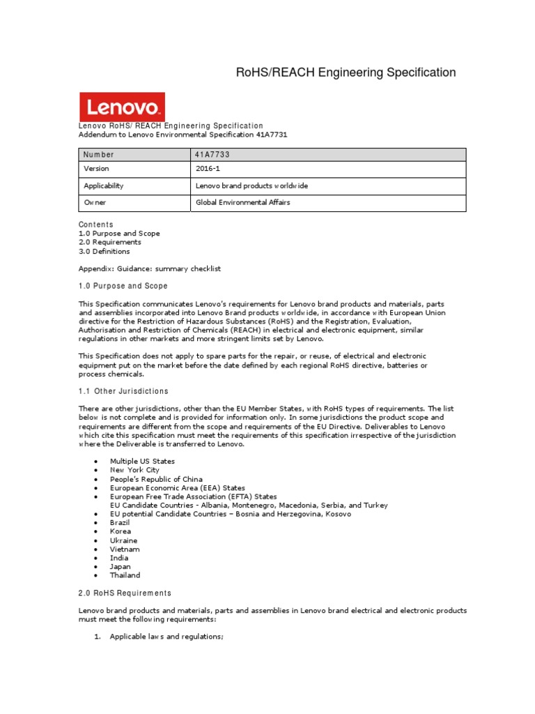 Lenovo Rohs/Reach Engineering Specification | PDF | Cadmium | European ...