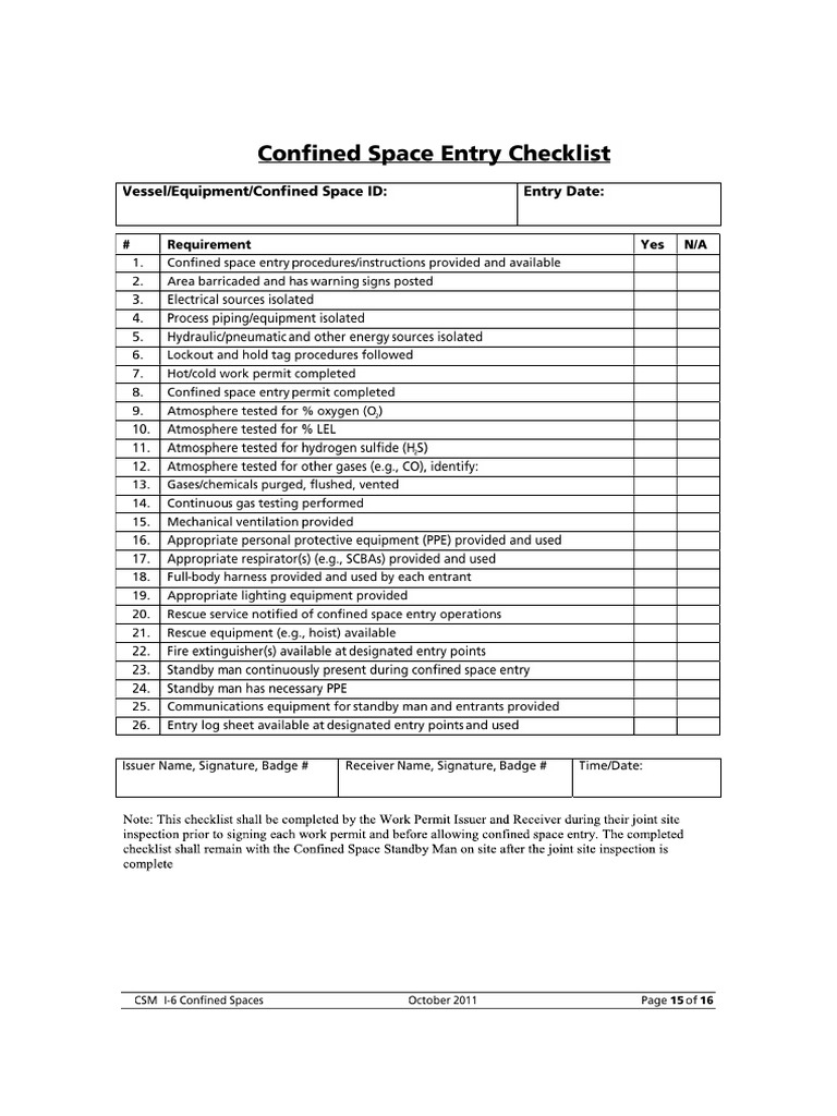 Confined Space Entry Checklist Pdf