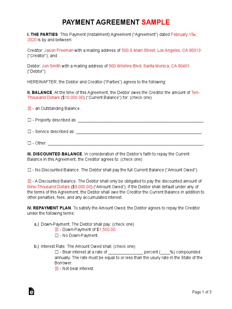 Payment Agreement: Sample | PDF | Debtor | Payments