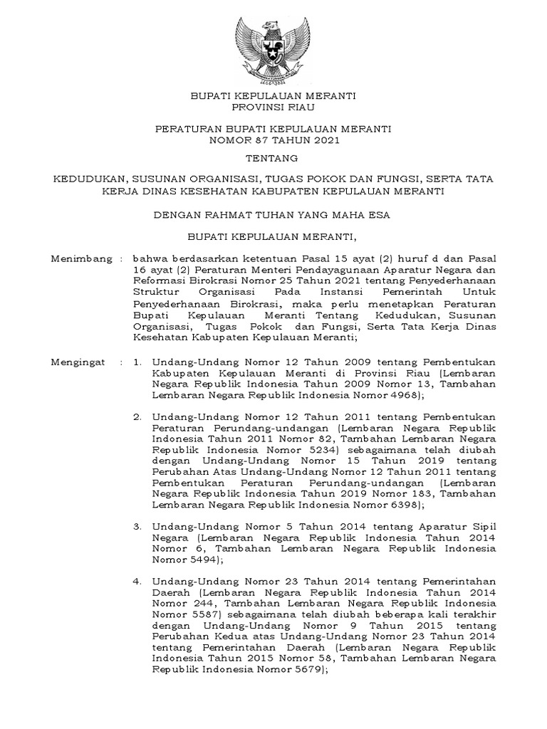 Perbup Nomor 87 Tahun 2021 (Sotk Dinkes) | PDF | Hukum