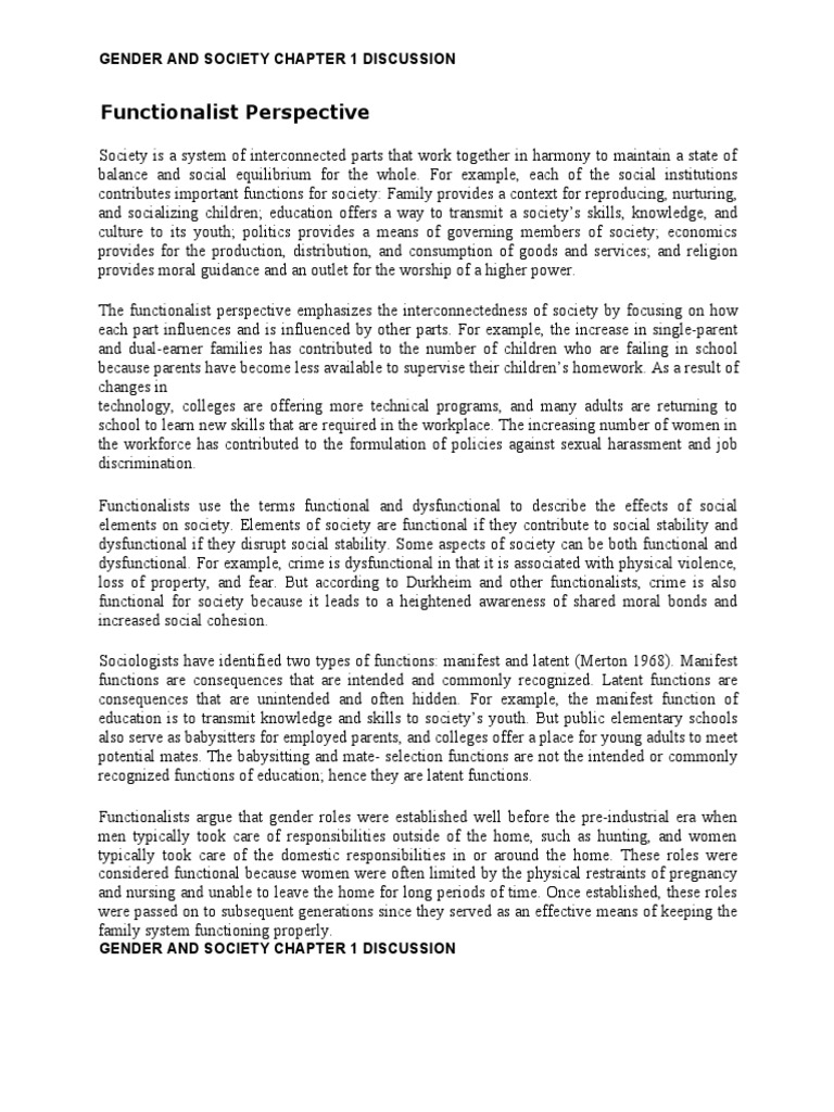 Functionalist Perspective: Gender and Society Chapter 1 Discussion ...