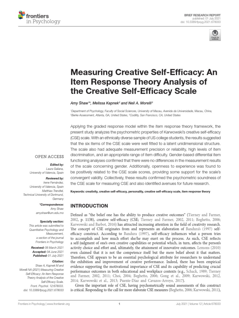 Measuring Creative Self-Efficacy: An Item Response Theory Analysis of The Creative Self-Efficacy ...