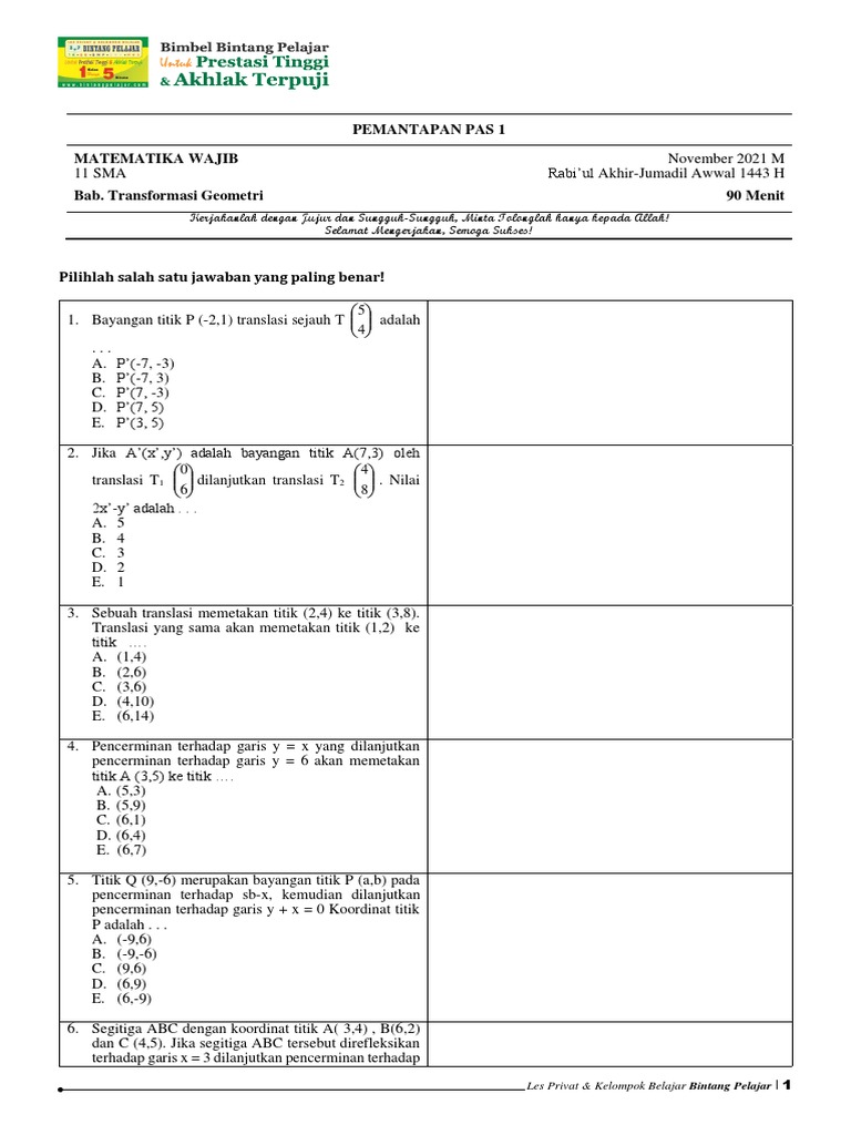 Bank Soal PAS MATEMATIKA Wajib - 11 SMA - (Transformasi Geometri) - Sem ...