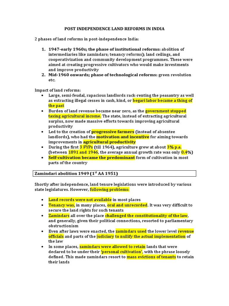 Post Independence Land Reforms in India | PDF | Leasehold Estate | Landlord