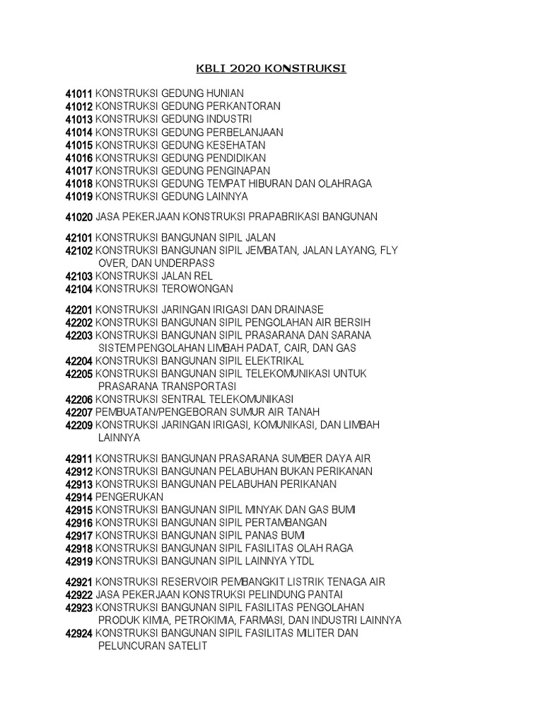 Kbli 2020 Konstruksi New | PDF