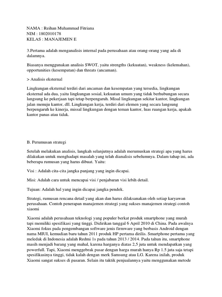 Reihan Muhammad F - MANAJ E - UAS MANAJEMEN STRATEGY | PDF