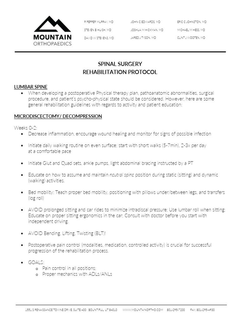 Spinal Surgery Rehabilitation Protocol: Guidelines for Post-Operative ...