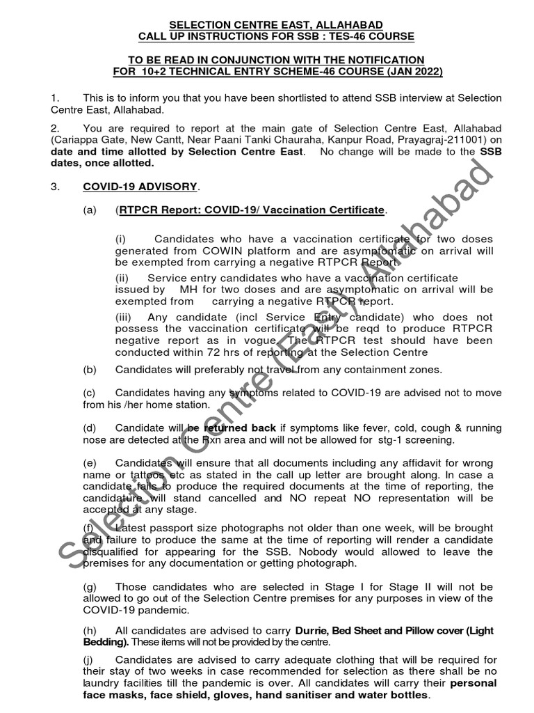 SSB Call-Up Instructions for TES-46 | PDF | Identity Document | Tattoo