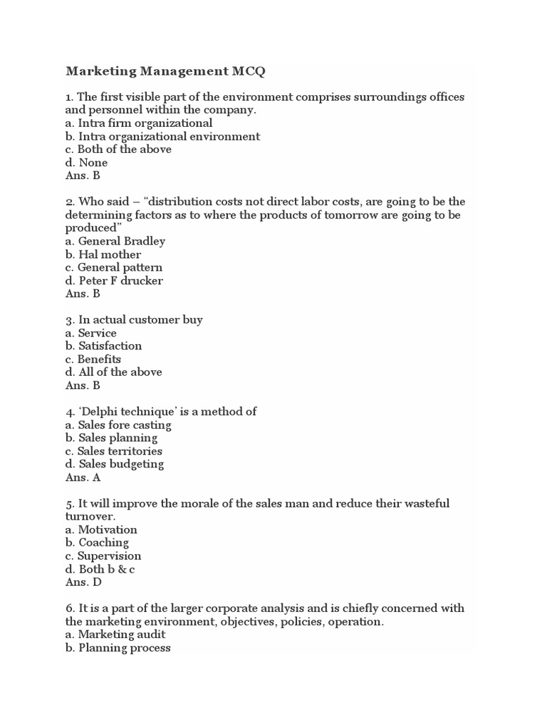 Marketing Management MCQs Overview | PDF | Multinational Corporation ...