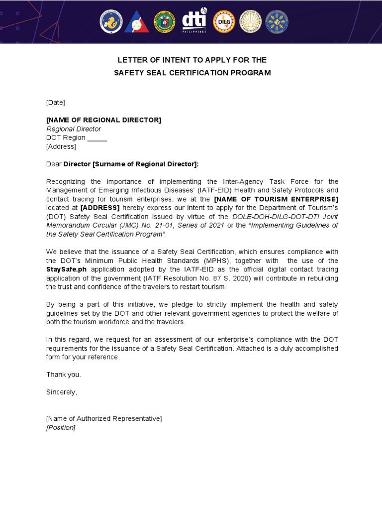 DOT Safety Seal - Letter of Intent and Application Form - Tourism ...