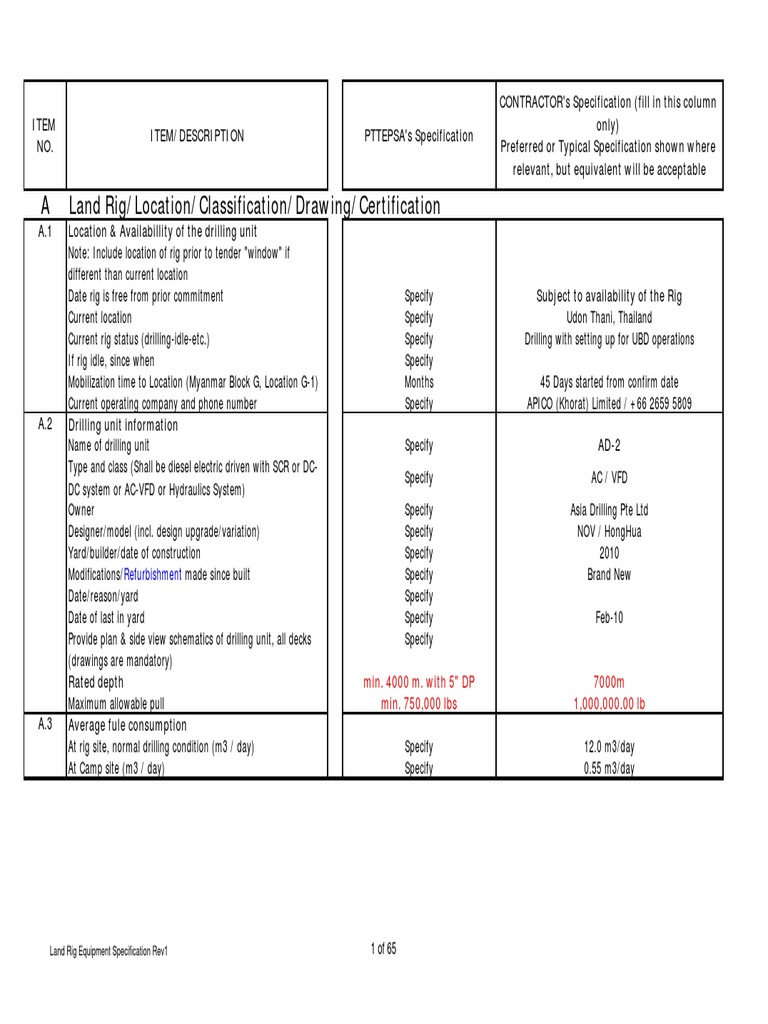 Land Rig Equipment Specification Rev3 | PDF | Horsepower | Electric Motor