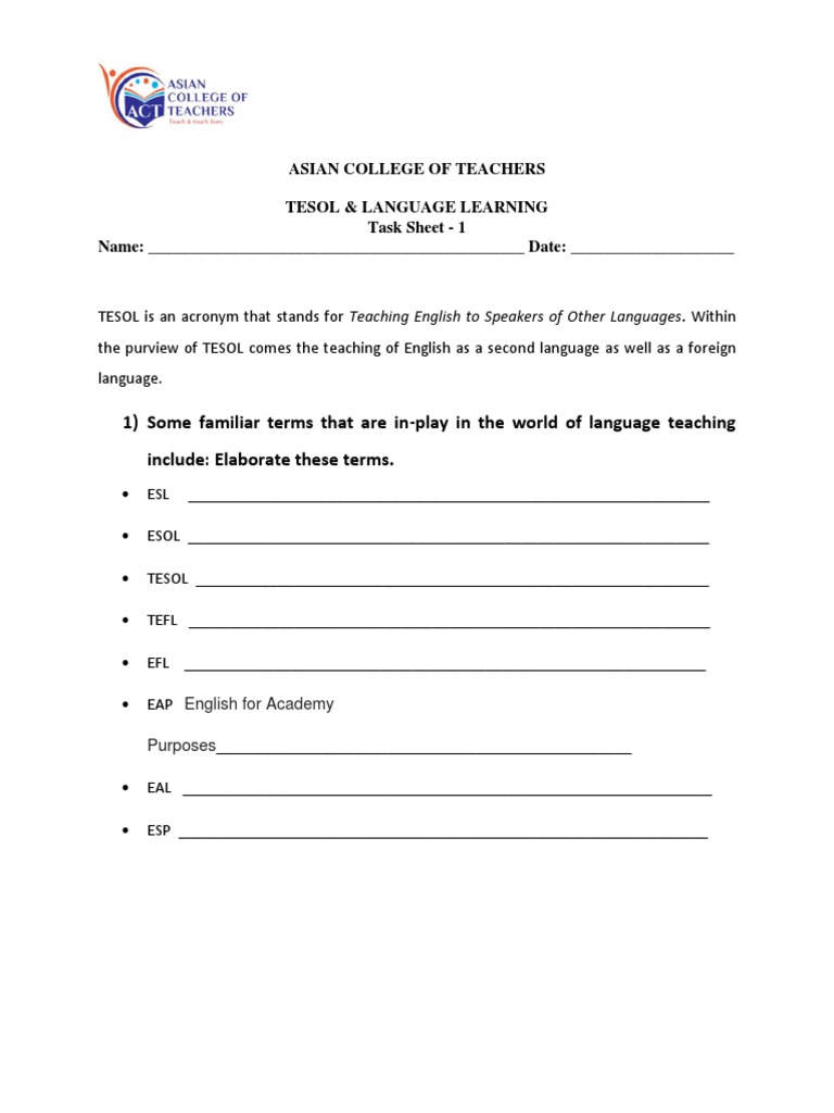 TEFL Task Sheet 1 | PDF | English As A Second Or Foreign Language ...