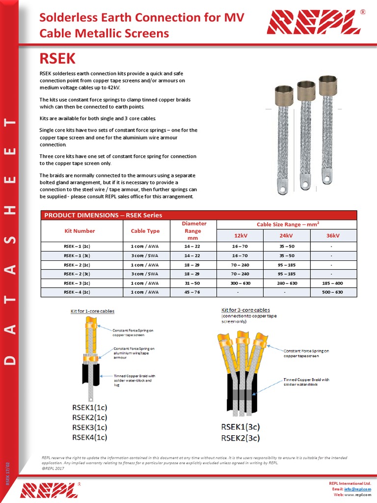 Product Dimensions - Rsek Series: Kit Number Cable Type Diameter Range ...