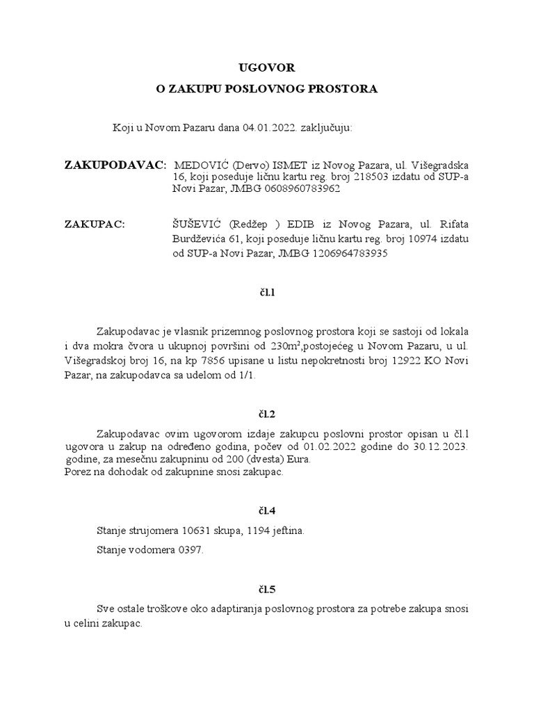 Ugovor O Zakupu Poslovnog Prostora: Zakupac | PDF