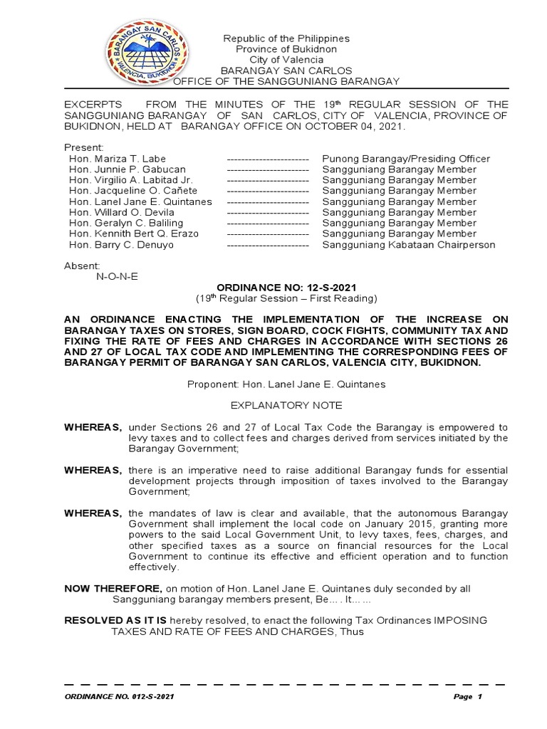 Barangay Tax Ordinance San Carlos 2021 | PDF | Taxes | Fee