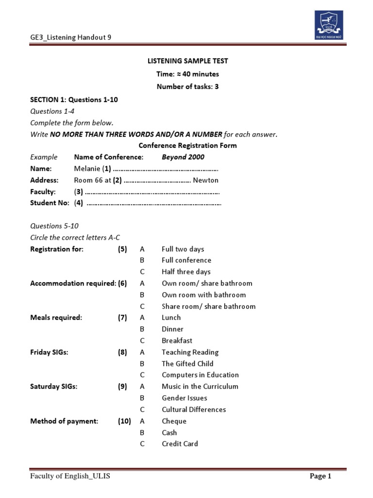 Listening Sample Test for Students | PDF