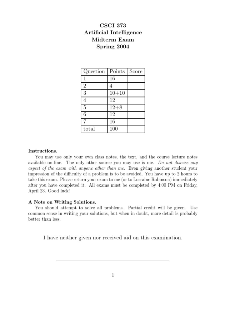 CSCI 373 Artificial Intelligence Midterm Exam Spring 2004 | PDF | Theoretical Computer Science ...