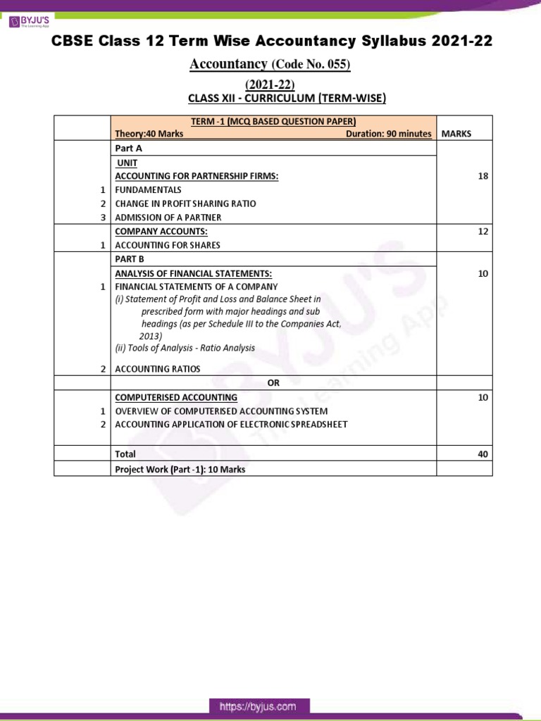 CBSE Class 12 Term Wise Accountancy Syllabus 2021 22 | PDF | Balance ...