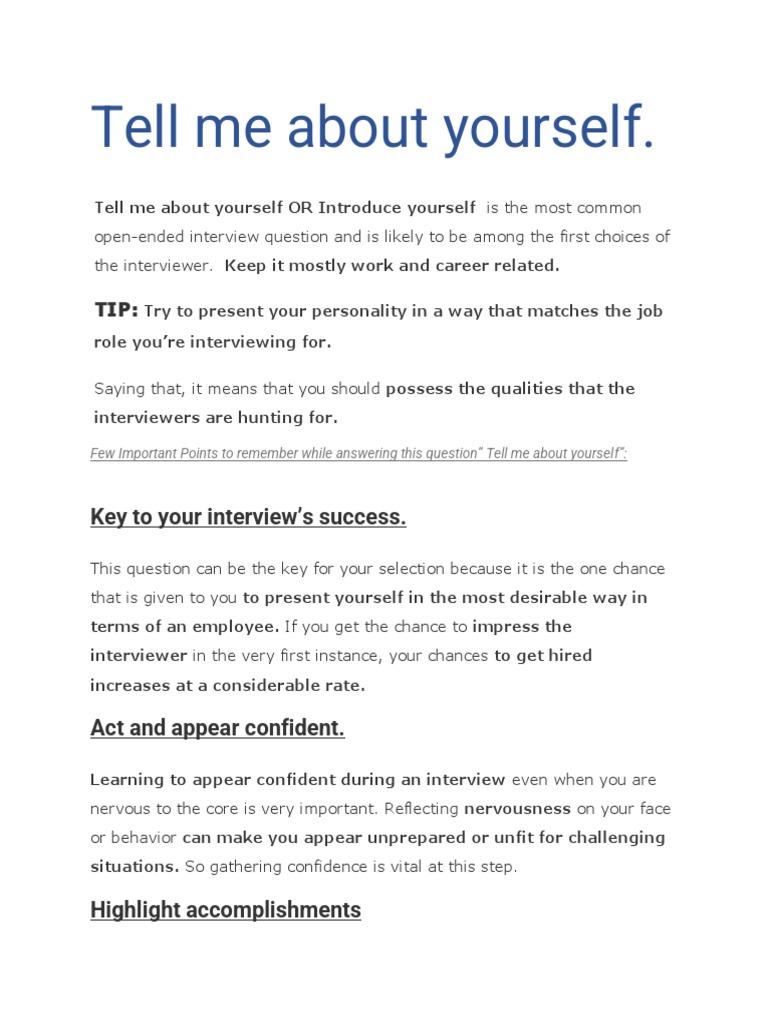Tell Me About Yourself.: Key To Your Interview's Success | PDF ...