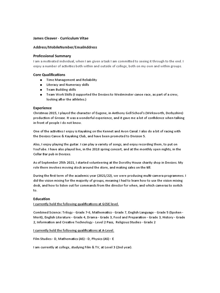 James Cleaver - CV 1 | PDF