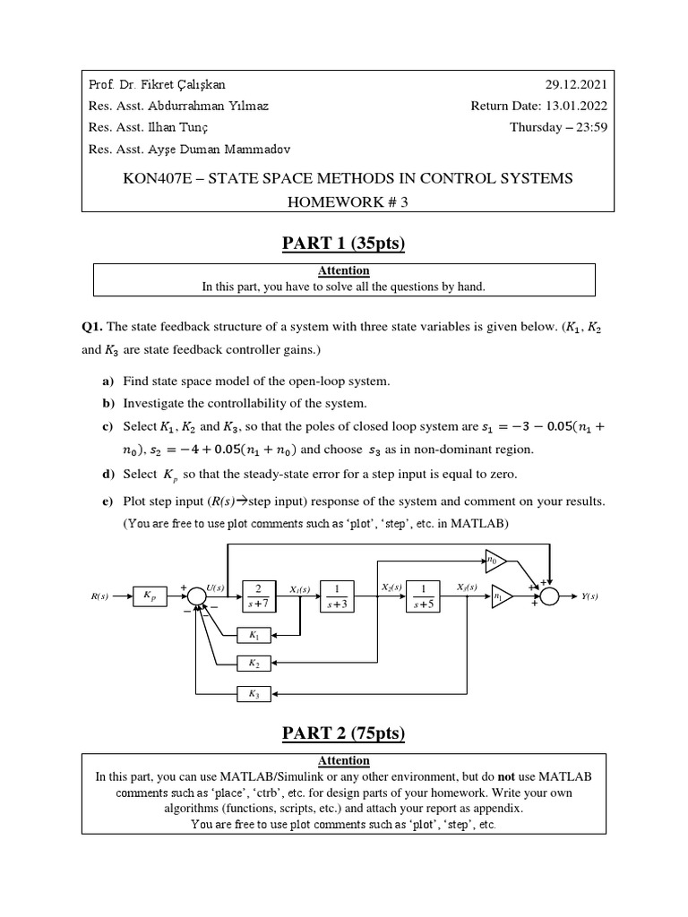 Kon407E - State Space Methods in Control Systems Homework # 3 | PDF ...
