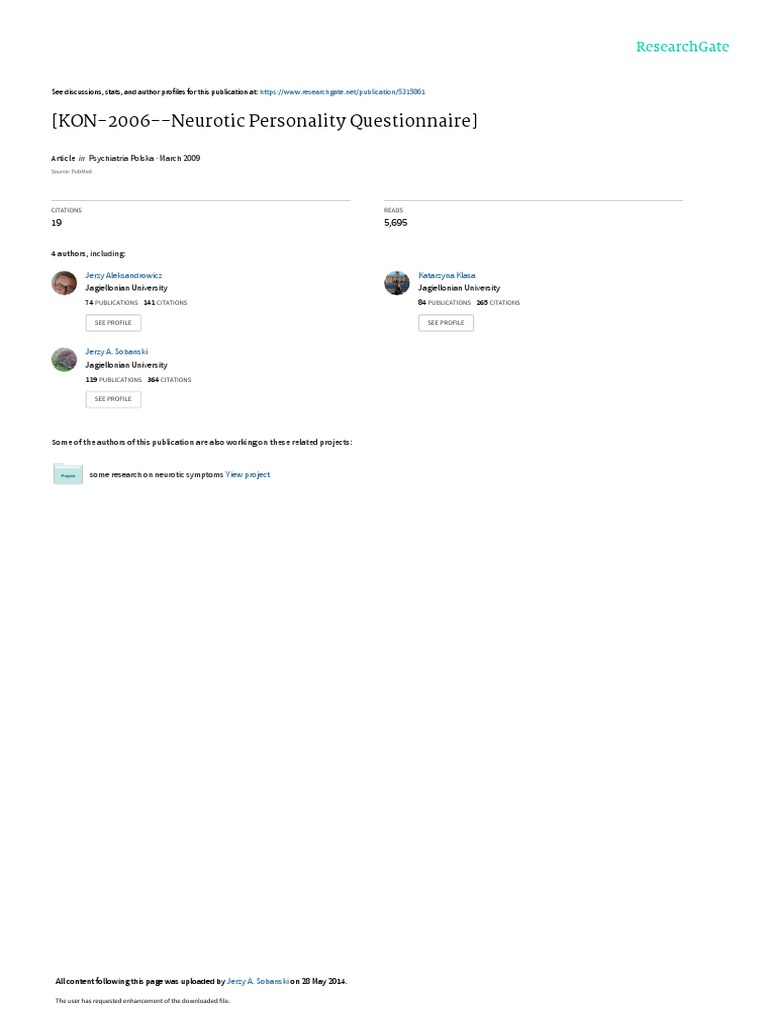 KON 2006 Neurotic - Personality - Questionnaire | PDF | Cronbach's ...