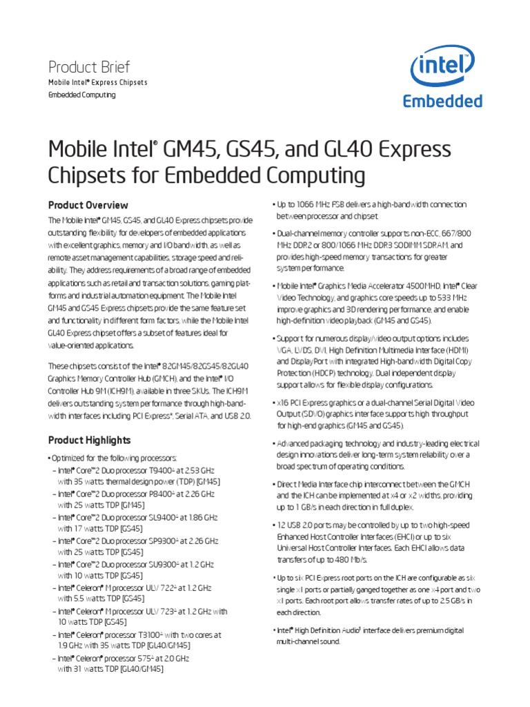 Mobile Gm45 Intel Gs45 Gl40 Express Chipsets Brief | PDF | Intel | Computer Science