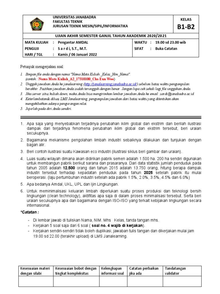 Soal Pengantar Amdal - B - UAS - Ganjil - 2021 - 2022 | PDF | Teknologi & Rekayasa