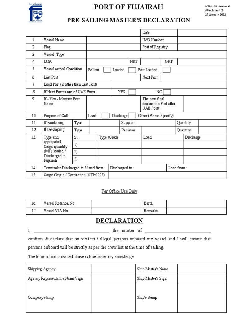 Pre-Sailing Master's Declaration Form | PDF | Port | Ships