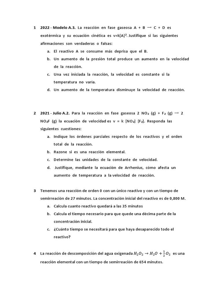 EVAU UD5 Cinética Química | PDF | Cinética química | Reacciones químicas