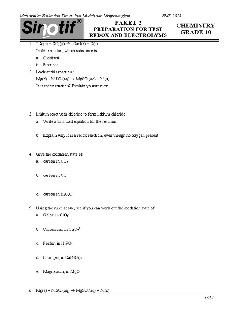 Paket 2 Chemistry Grade 10: Preparation For Test Redox and Electrolysis ...