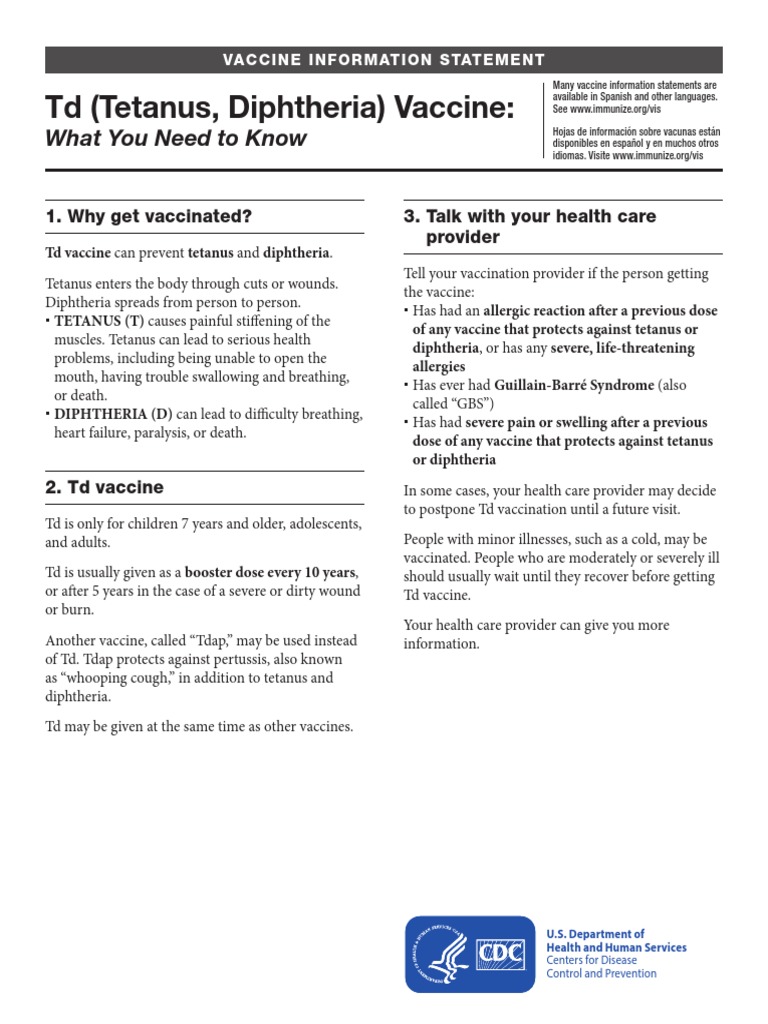 TD (Tetanus, Diphtheria) Vaccine:: What You Need To Know | Download ...