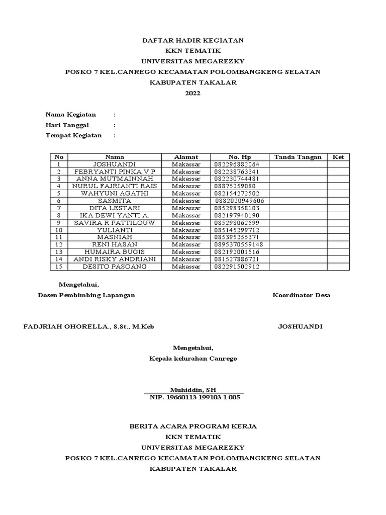 Daftar Hadir KKN 2022 | PDF