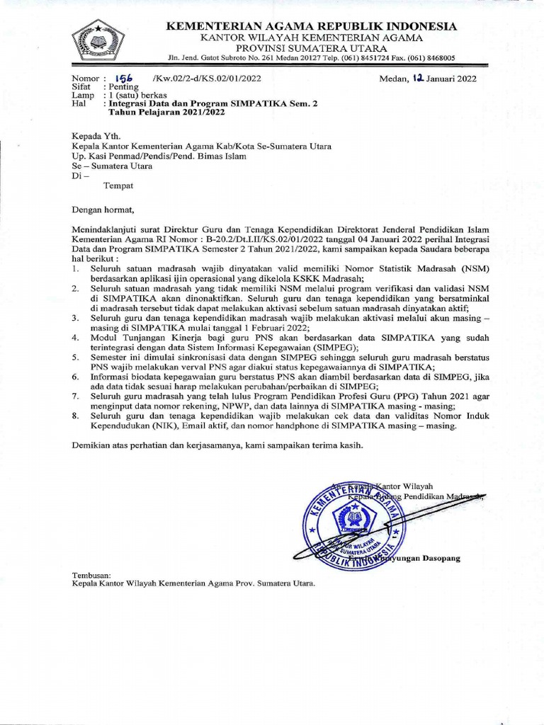 Surat Pengantar Integrasi Data Dan Program SIMPATIKA Semester 2 TP ...