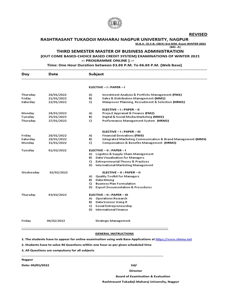 MBA 3rd Sem Exam Schedule 2021 | PDF | Master Of Business ...