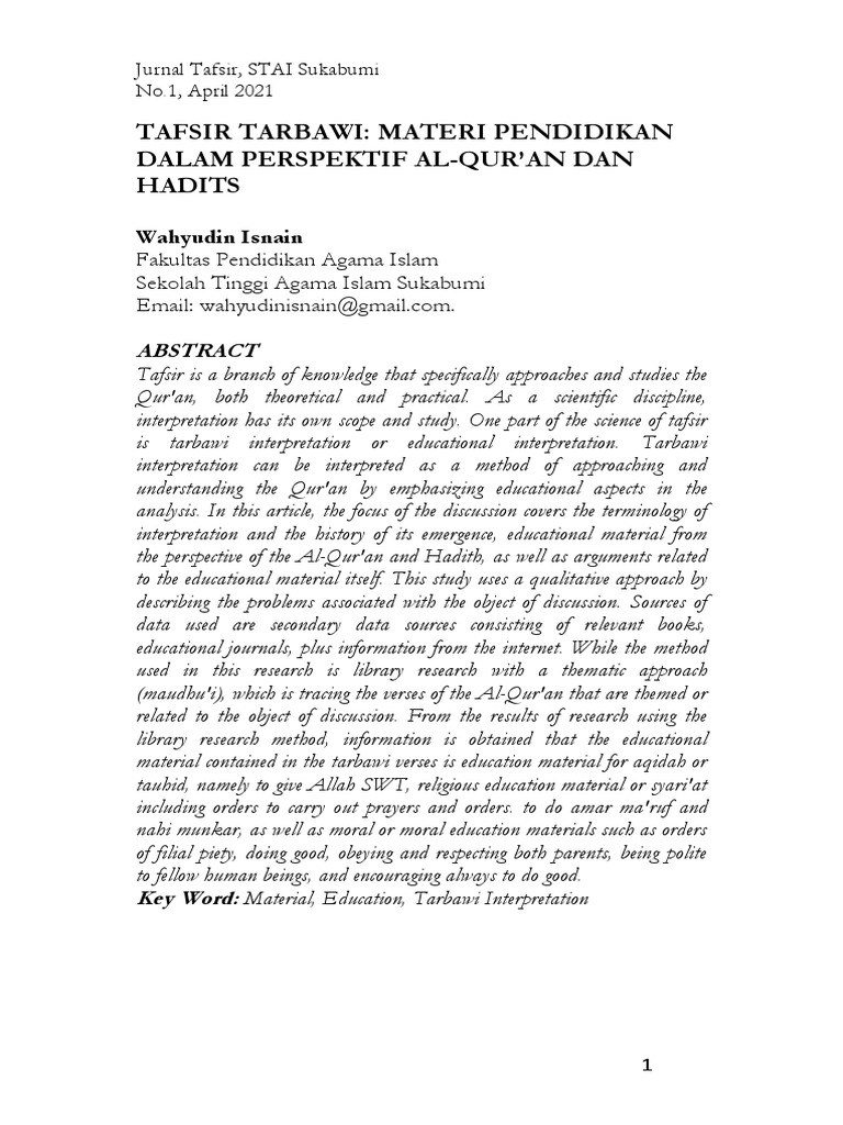 Kel.1 Jurnal Tafsir Tarbawi - Materi Pendidikan Dalam Perspektif Al-Qur'an Dan Hadits | PDF ...