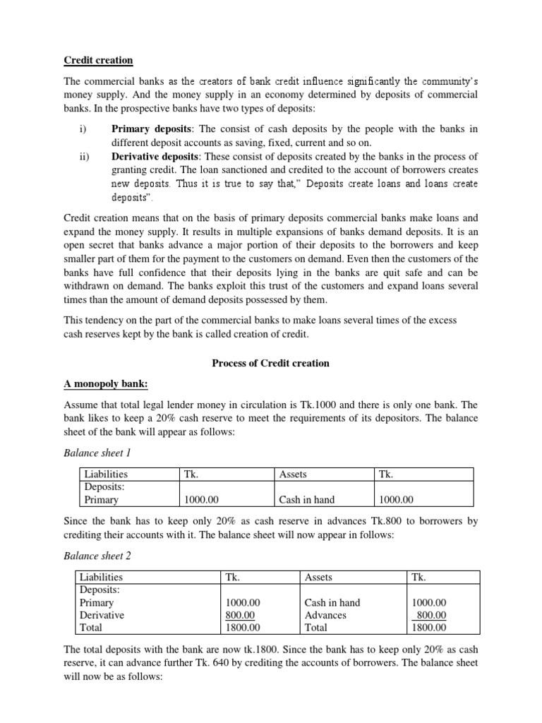 Credit Creation: Balance Sheet 1 | PDF | Deposit Account | Banks