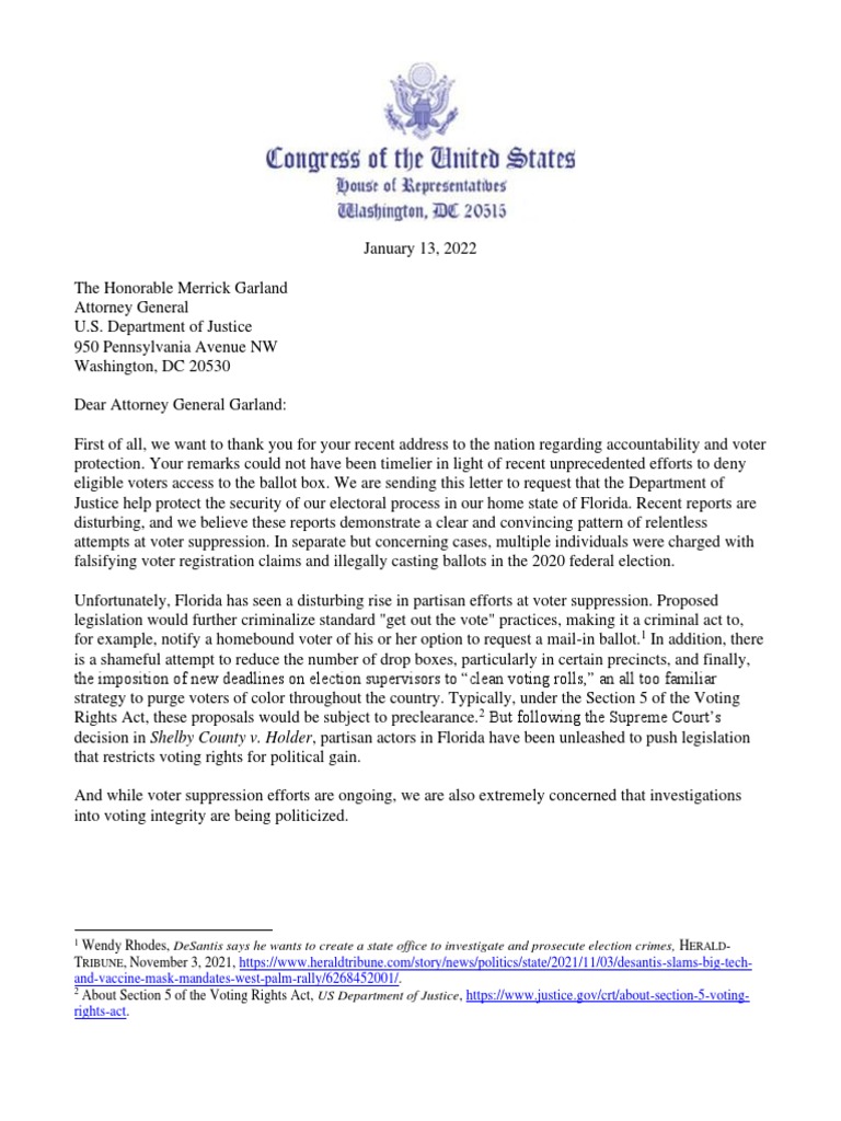 FL Delegation Letter To DOJ | PDF | Voter Suppression In The United ...