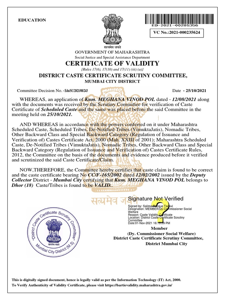 Certificate of Validity: District Caste Certificate Scrutiny Committee ...