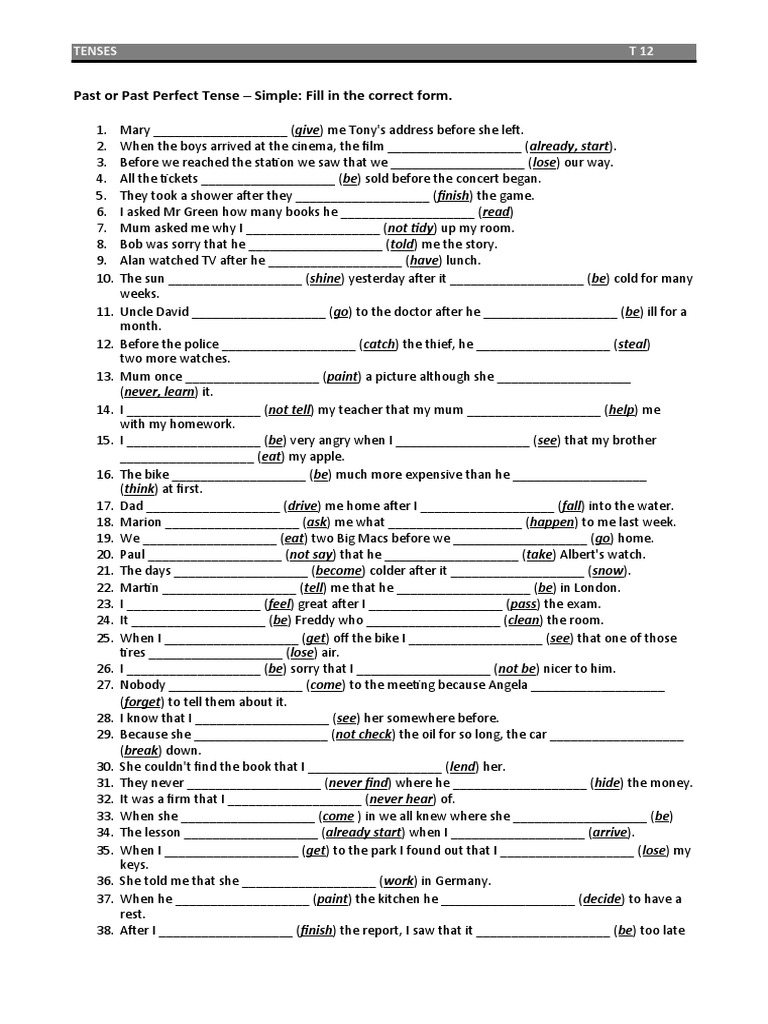 Past or Past Perfect Tense - Simple: Fill in The Correct Form | PDF